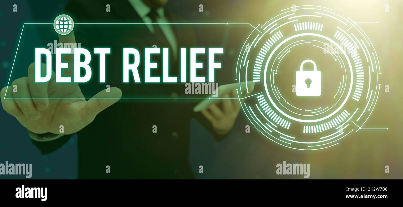 Hand writing sign Debt Relief. Word for partial or total remission of ...