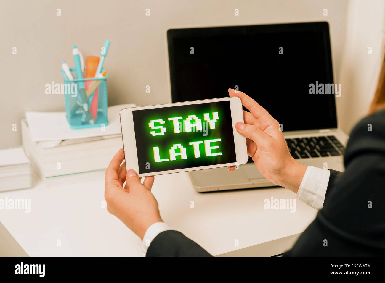 Writing displaying text Stay Late. Business showcase A routine in which ...