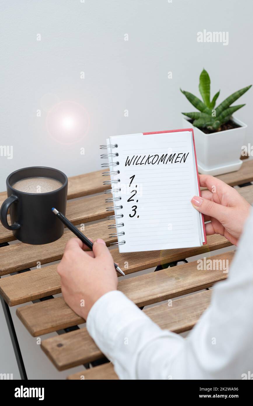Text caption presenting Willkommen. Business concept welcoming showing ...