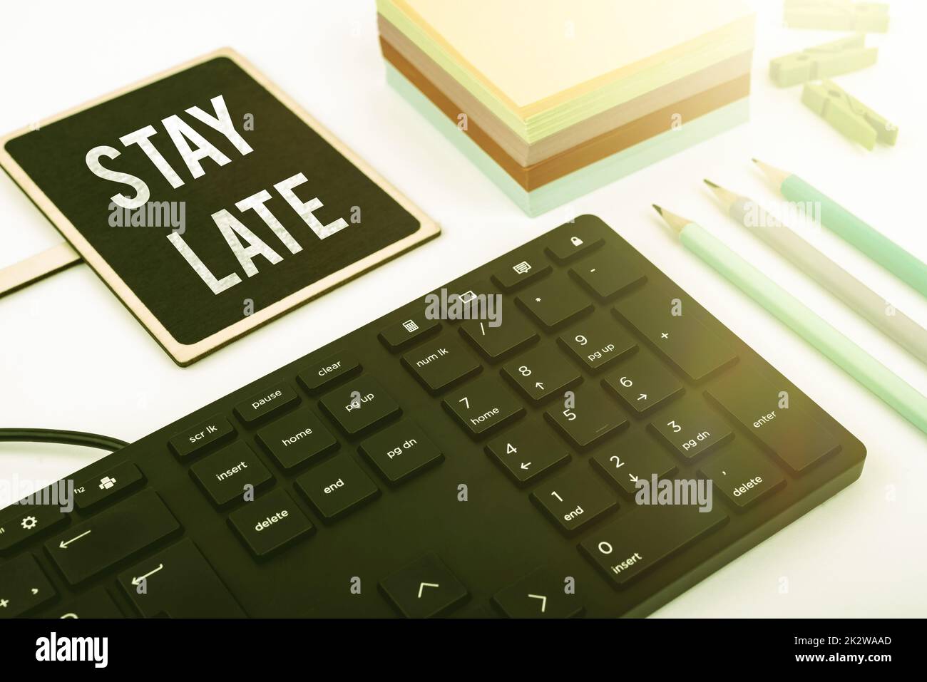 Text sign showing Stay Late. Business approach A routine in which a ...
