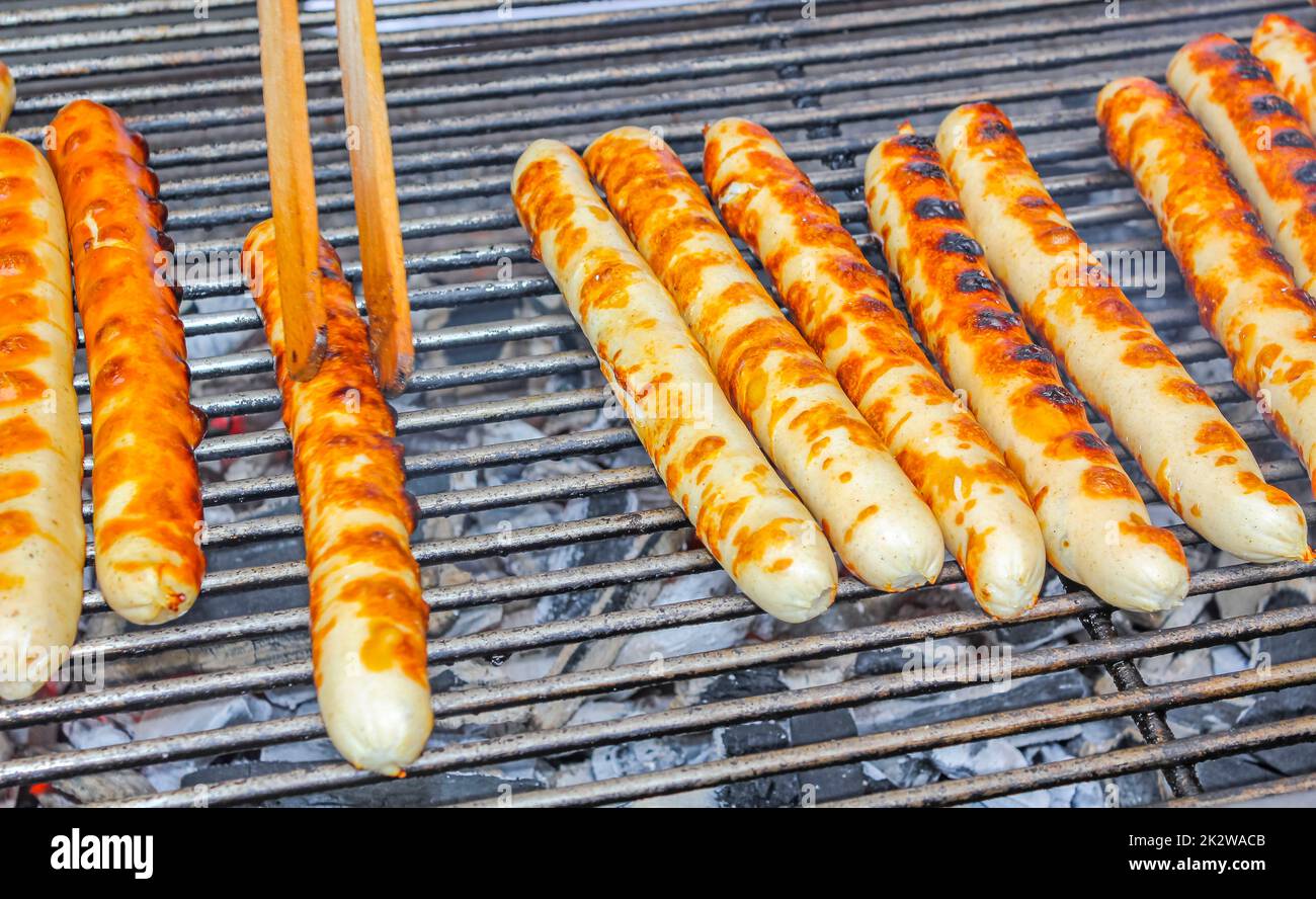 Preparing Barbeque BBQ Campfire and sausages meat steak chicken Germany ...
