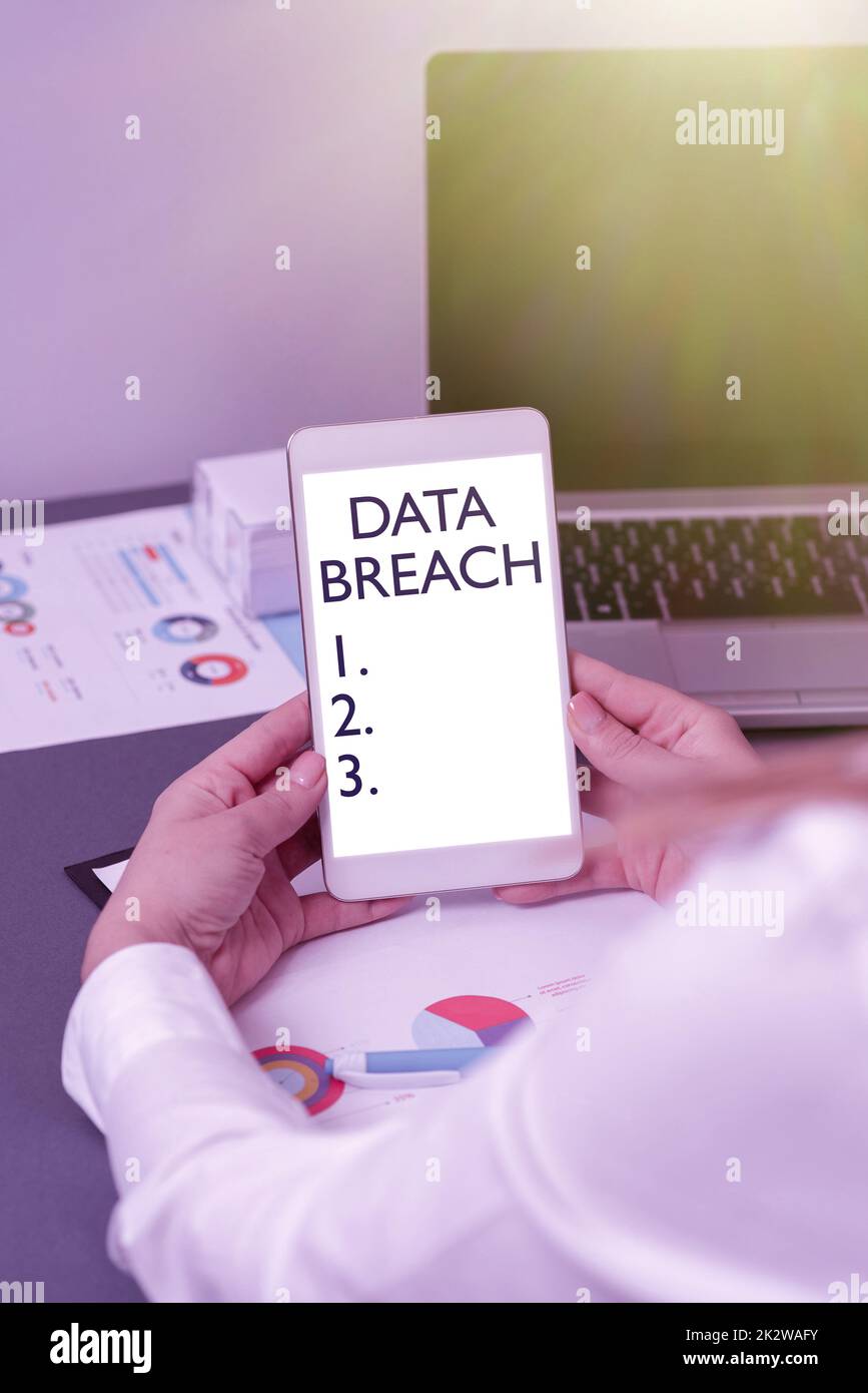 Text sign showing Data Breach. Word for security incident where ...
