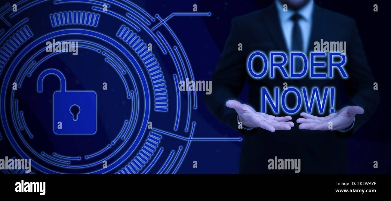 Hand writing sign Order Now. Business idea service restaurants or ...