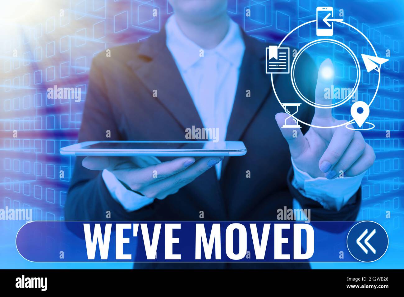 Sign displaying We Ve Moved. Word Written on going to live from place ...