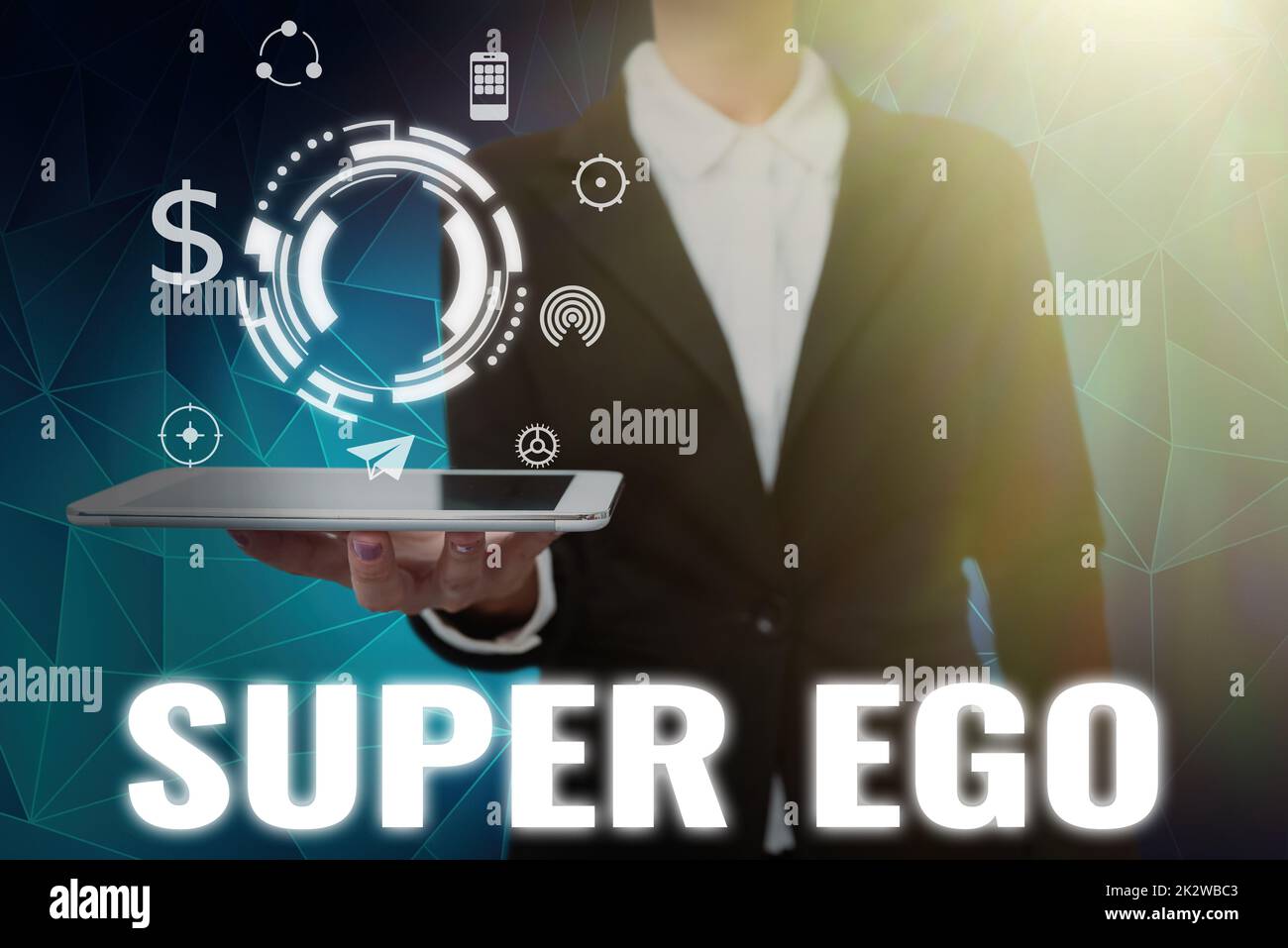 Hand writing sign Super Ego. Word for The I or self of any person that ...