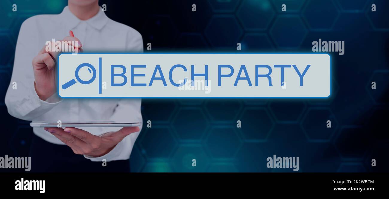 Hand writing sign Beach Party. Business idea small or big festival held ...