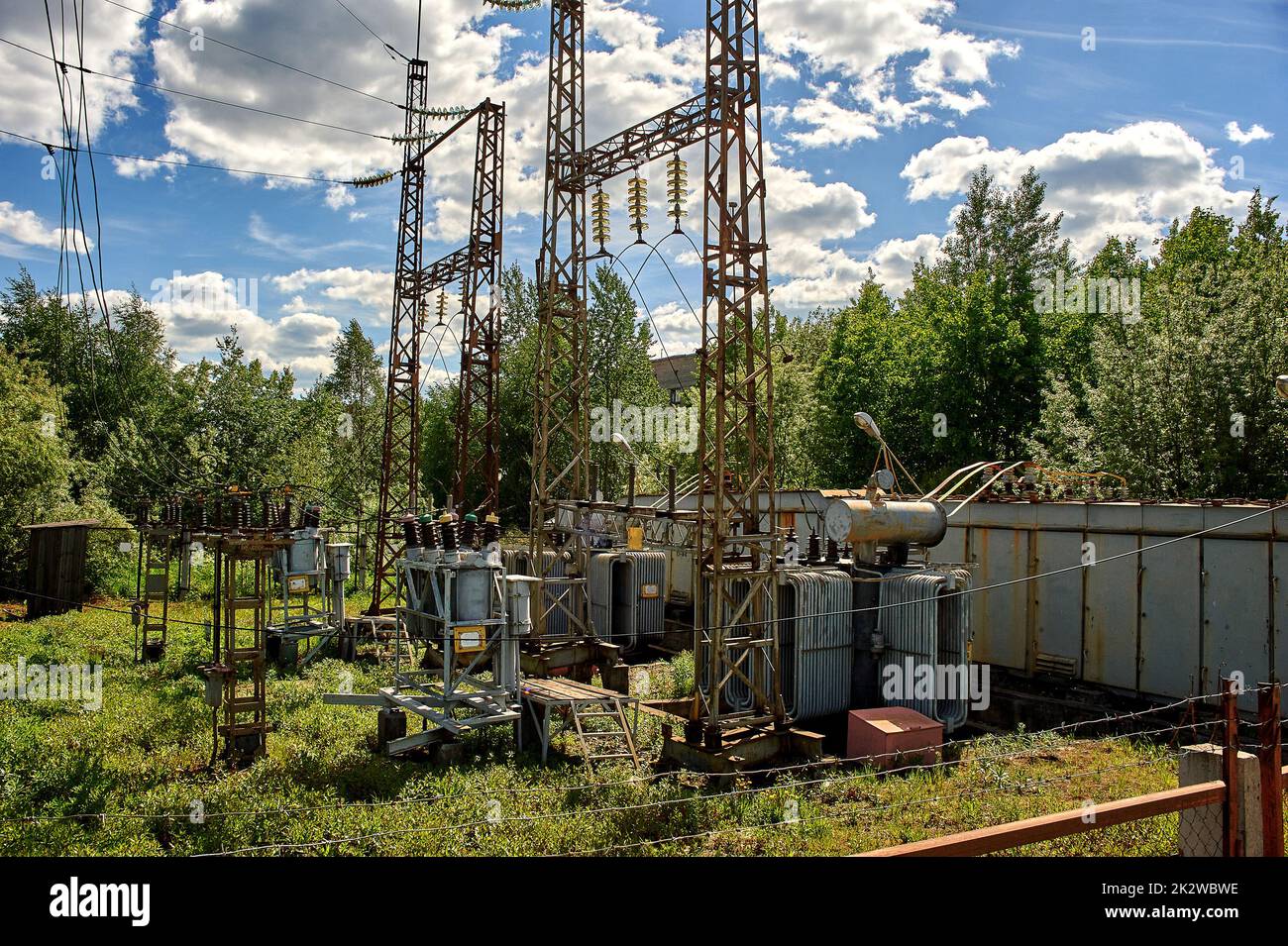 high-voltage electrical substation against the blue sky Stock Photo - Alamy