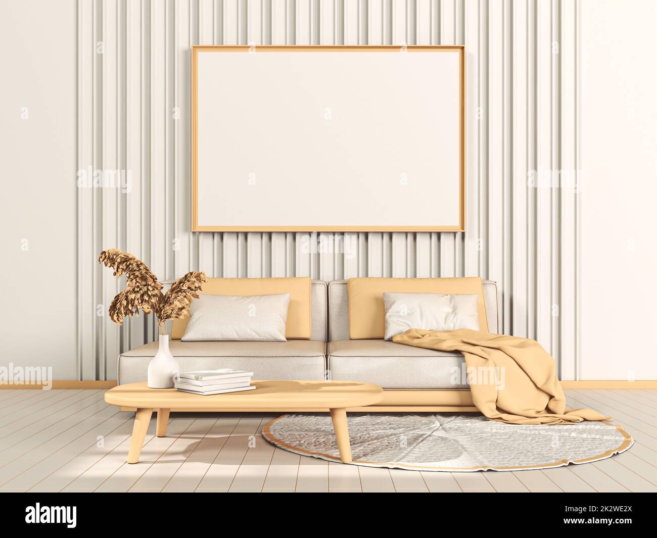 Mock up poster frames with wall panel and simple sofa Stock Photo - Alamy