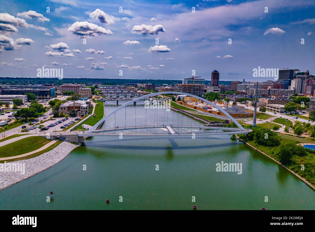 An aerial shot of the Iowa Women of Achievement Bridge across the Des Moines River in Downtown ...