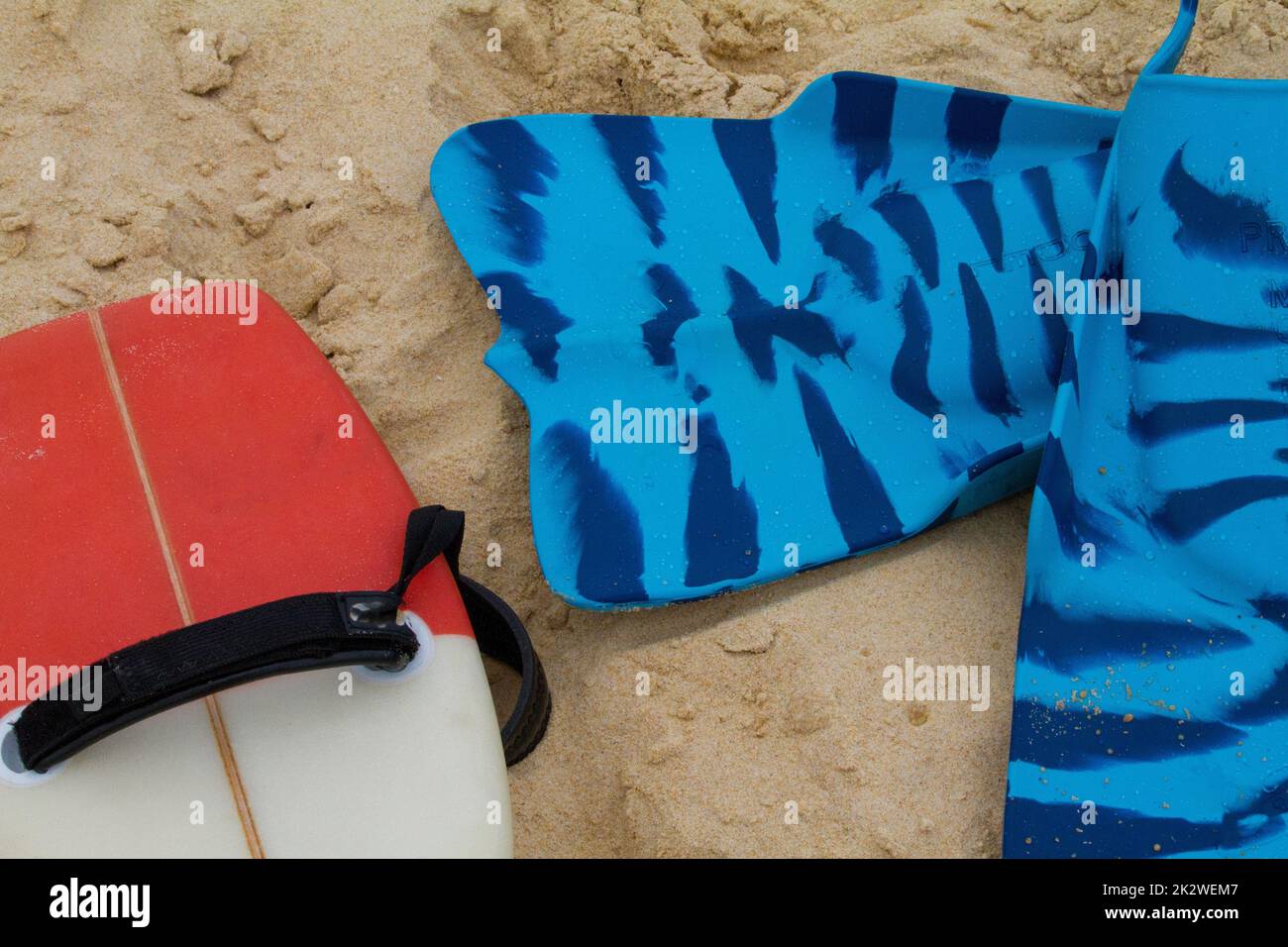 A high angle shot of a board and blue fins for swimming on a beach ...