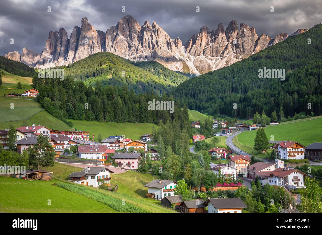 Idyllic Val di Funes in St. Magdalena, Dolomites alps in Northern Italy ...
