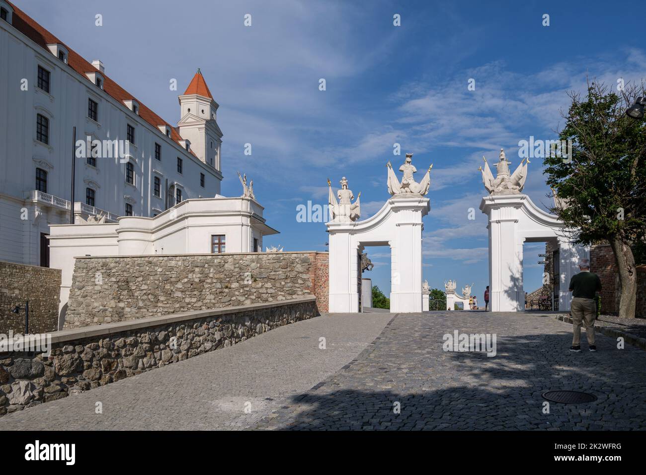 A scenic shot of Bratislava Castle under the blue sky background in ...
