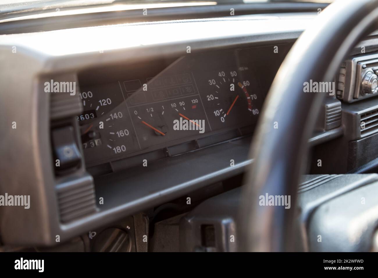 Vintage retro car dashboard with analog speedometer, tachometer and ...