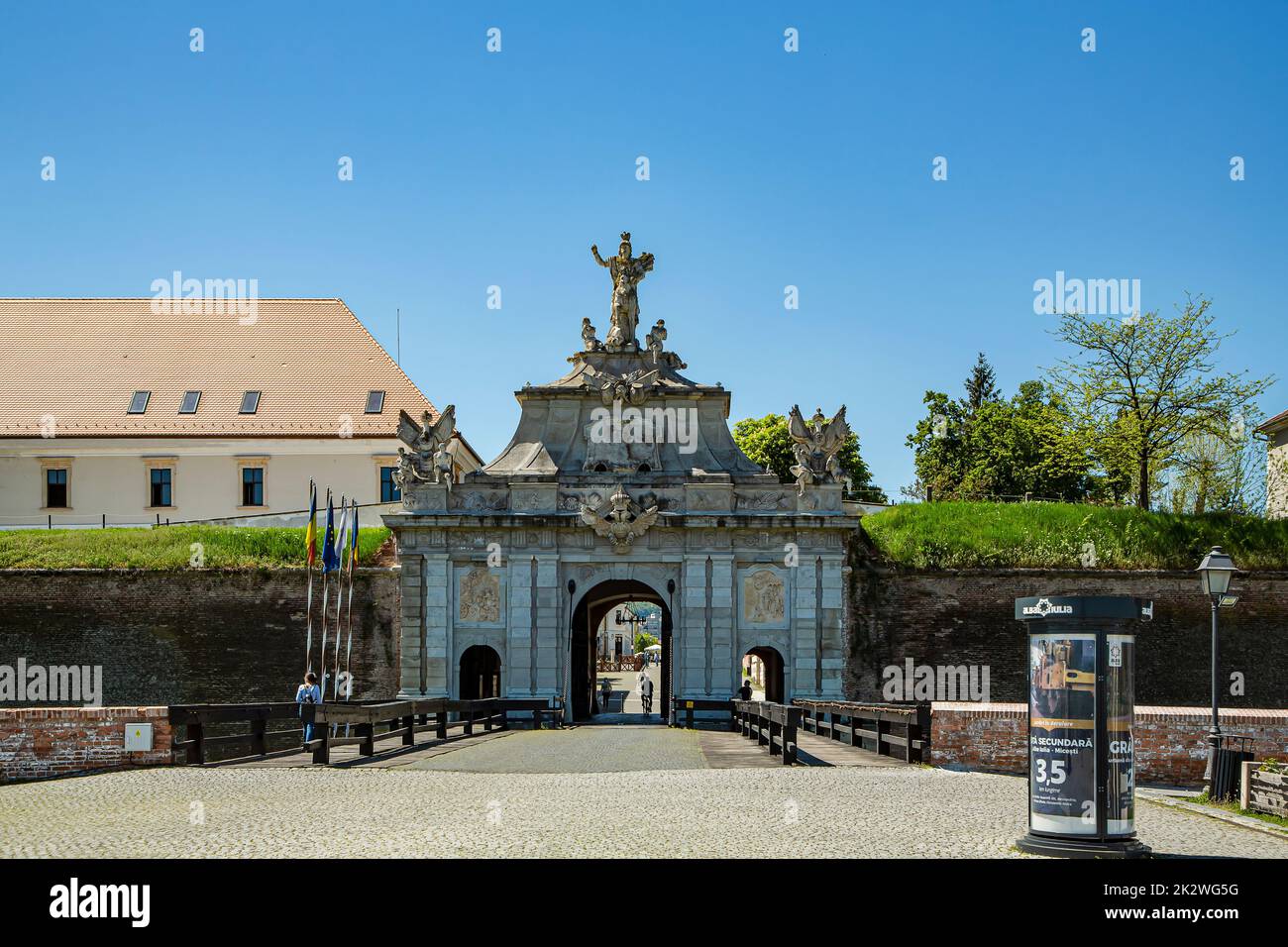 View at the gate for entrance in medieval fortress of Alba Iulia (Carolina),Transylvania Stock ...