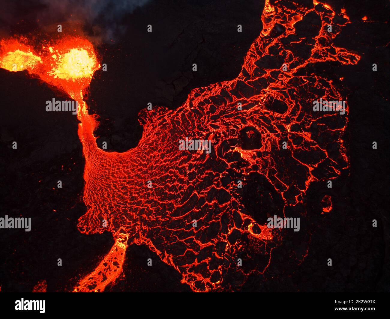 A beautiful shot of glowing red molten lava magma after the Meradalir ...