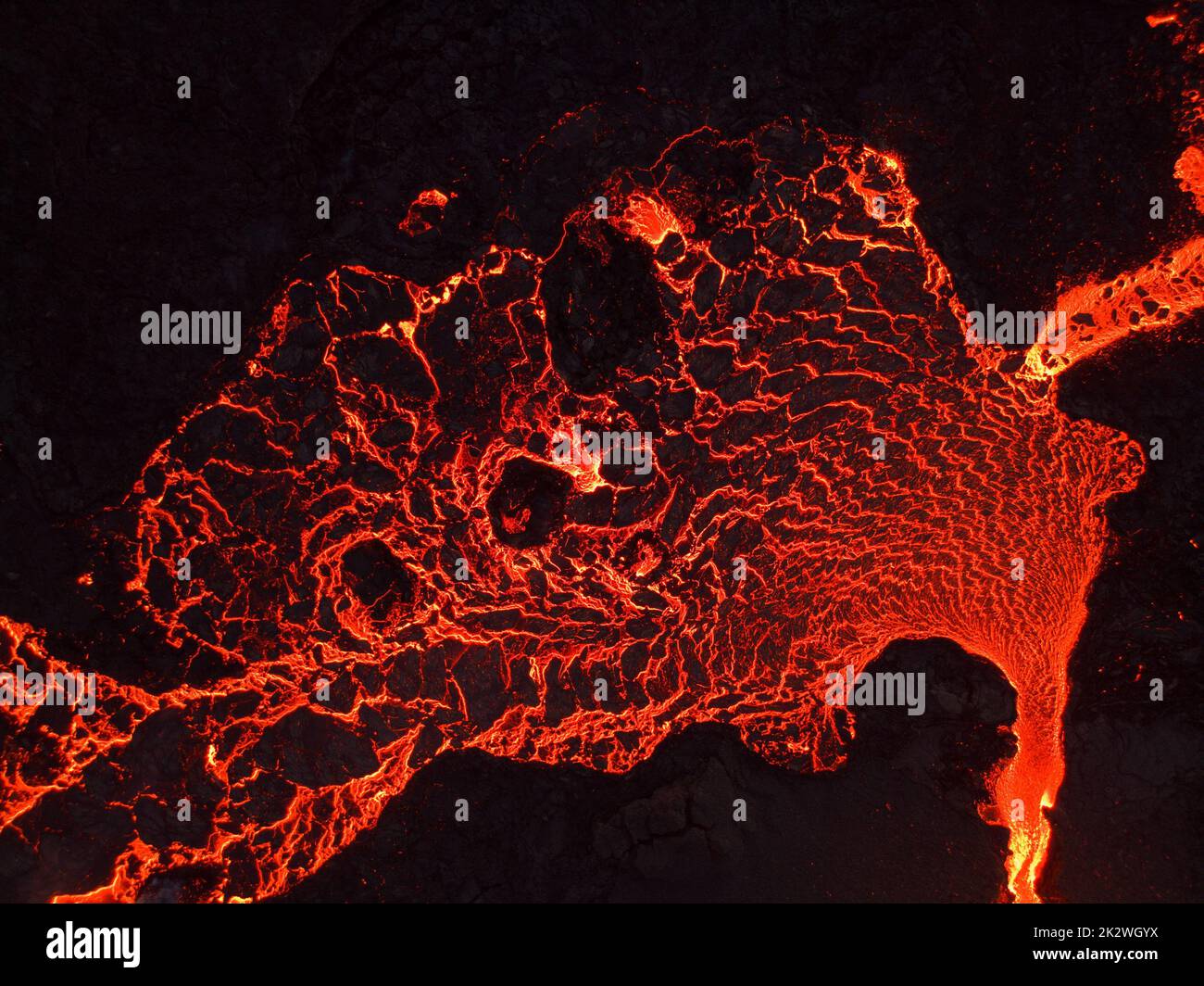 A beautiful shot of glowing red molten lava magma after the Meradalir ...