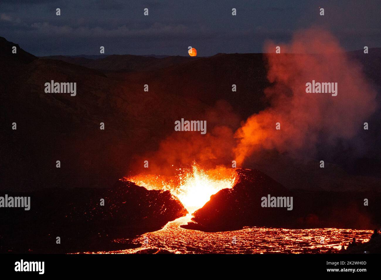 A beautiful shot of glowing red molten lava magma after the Meradalir ...