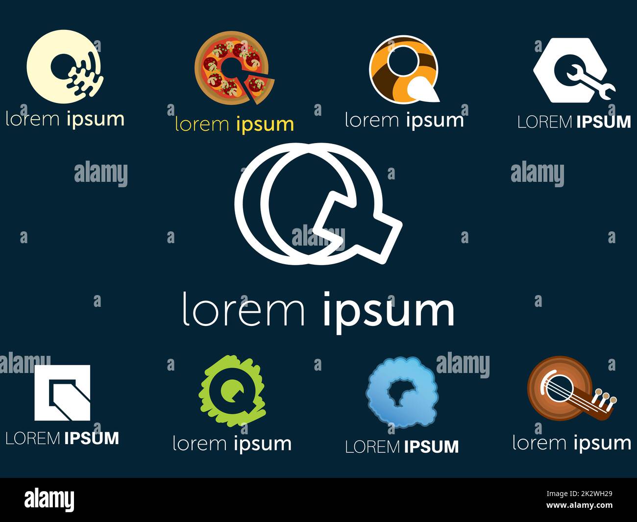 The colorful different fonts of the letter Q over the dark blue ...