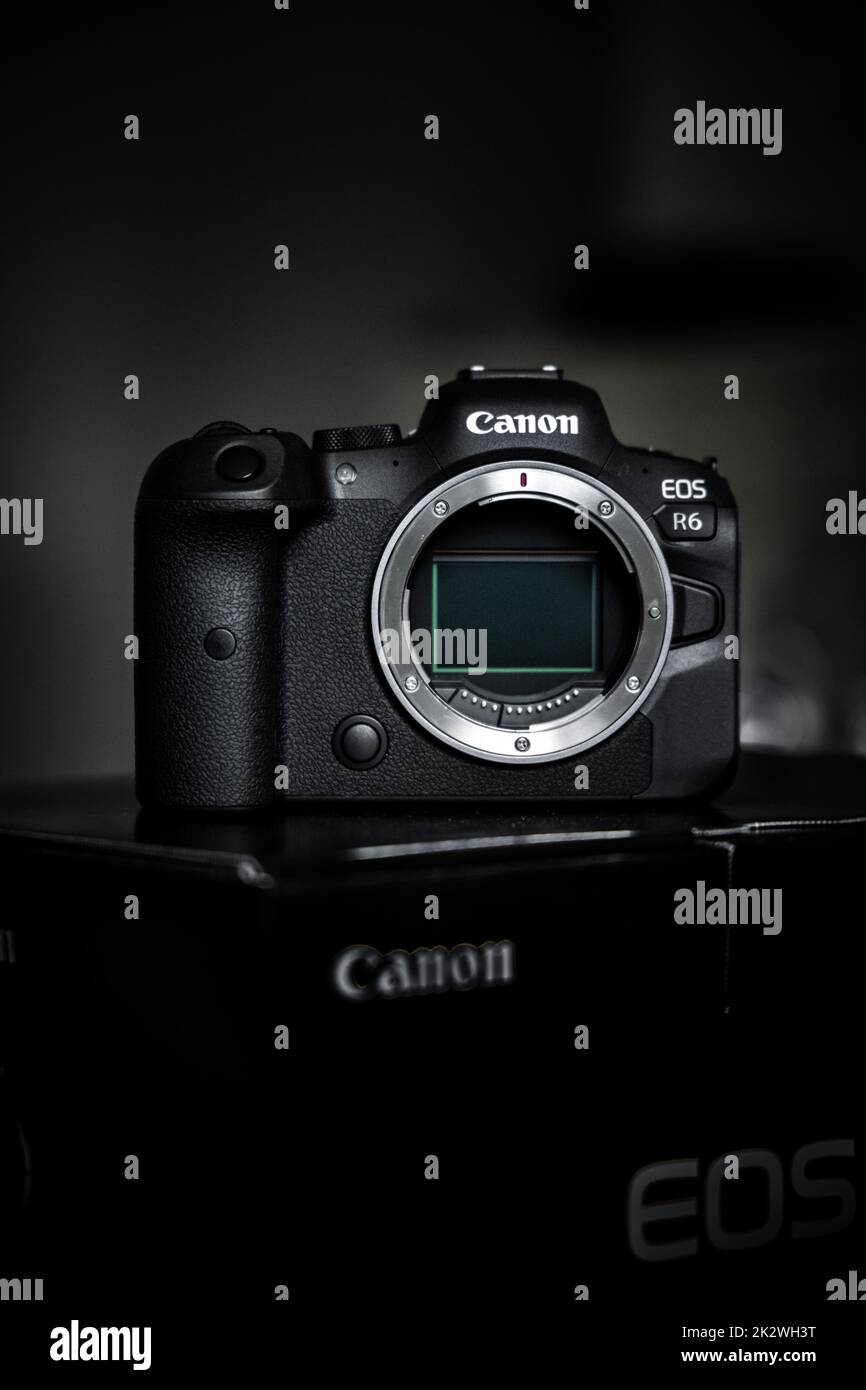 A vertical closeup shot of Canon EOS R6 mirrorless camera Stock Photo ...