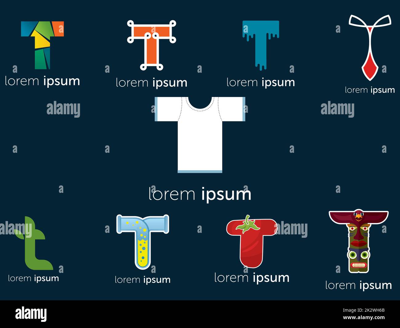 The colorful different fonts of the letter T over the dark blue ...