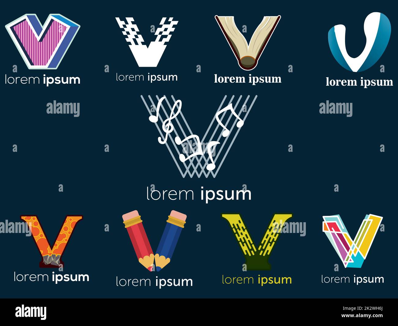 The colorful different fonts of the letter V over the dark blue background - good choice for ...