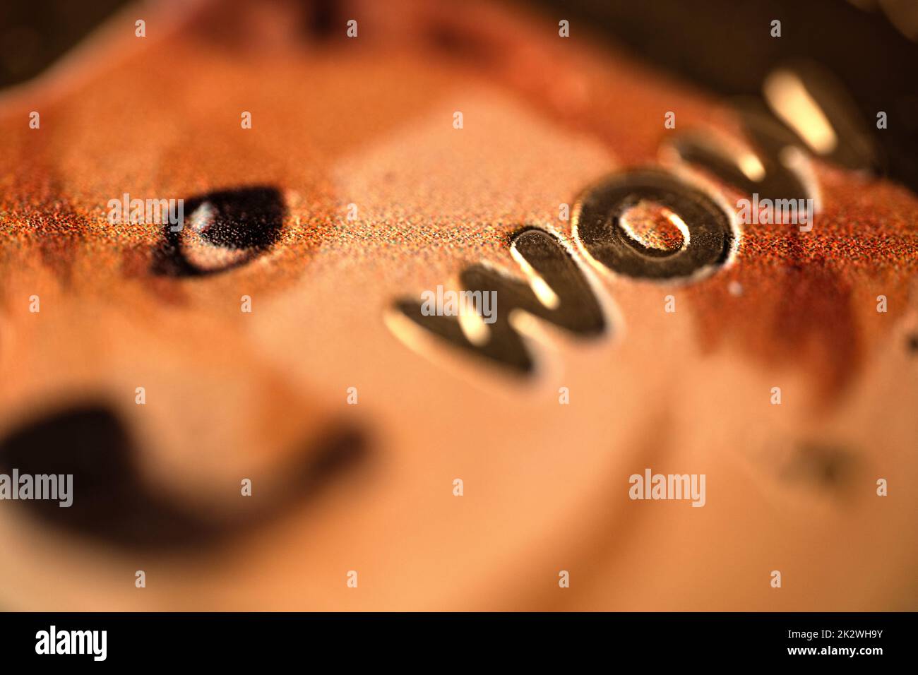 top view extreme macro closeup of doge golden meme coin logo with shiba ...