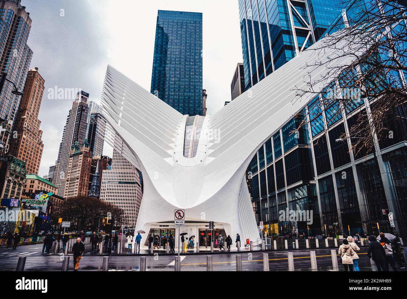 A low-angle shot of the Oculus Center building on a busy day surrounded ...