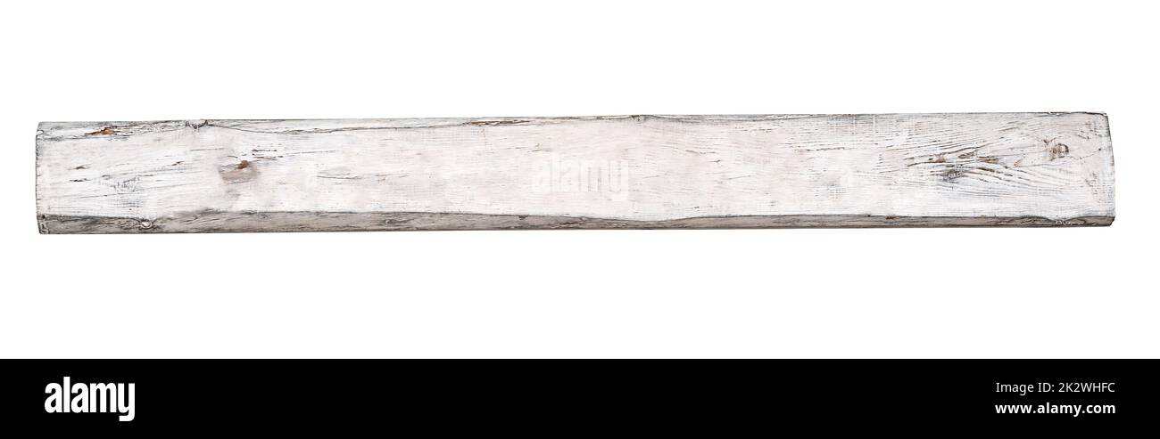 front view closeup of long textured plank of wood painted white ...