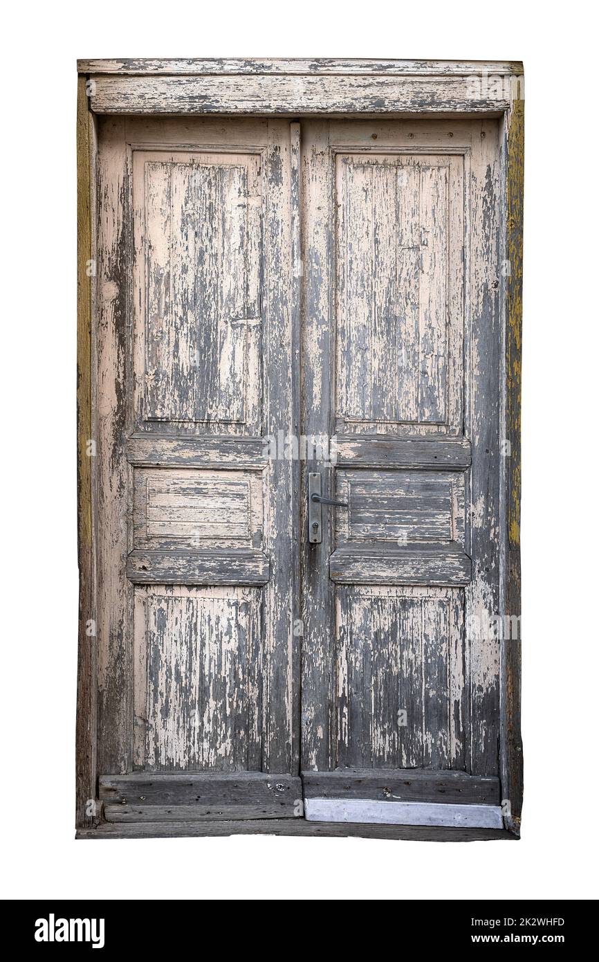front view closeup of vintage door with frame and weathered wood ...