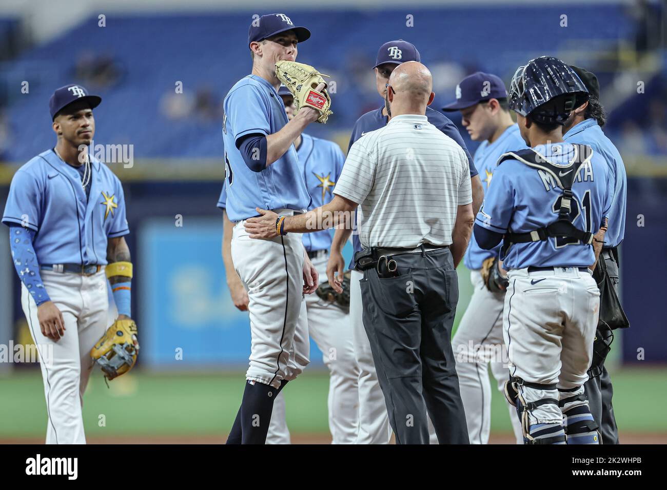 St. Petersburg, FL. USA; After delivering a pitch, Tampa Bay Rays ...