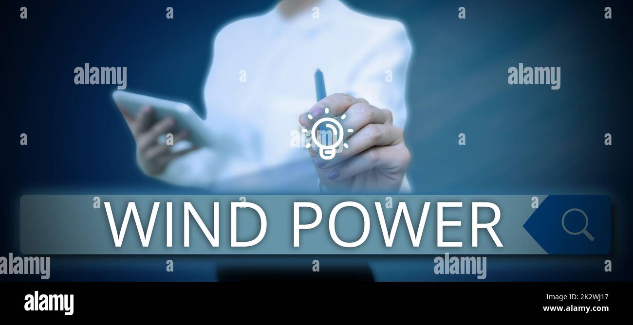 Hand writing sign Wind Power. Business showcase use of air flowto ...