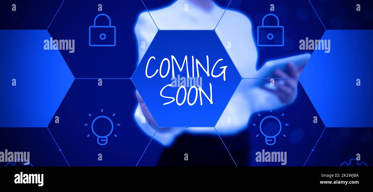 Handwriting text Coming Soon. Word for something is going to happen in ...
