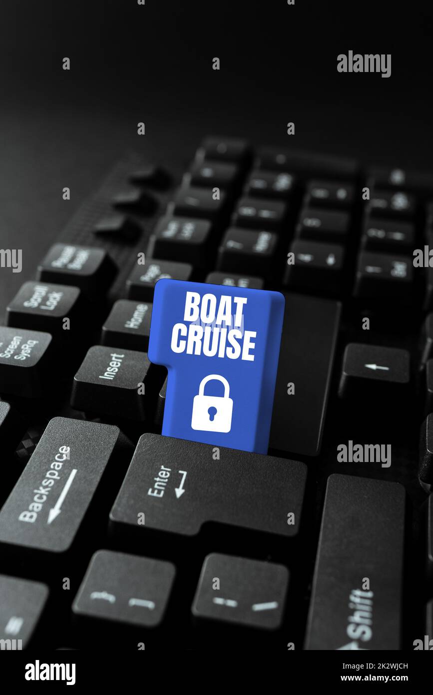 Text caption presenting Boat Cruise. Word Written on sail about in area ...