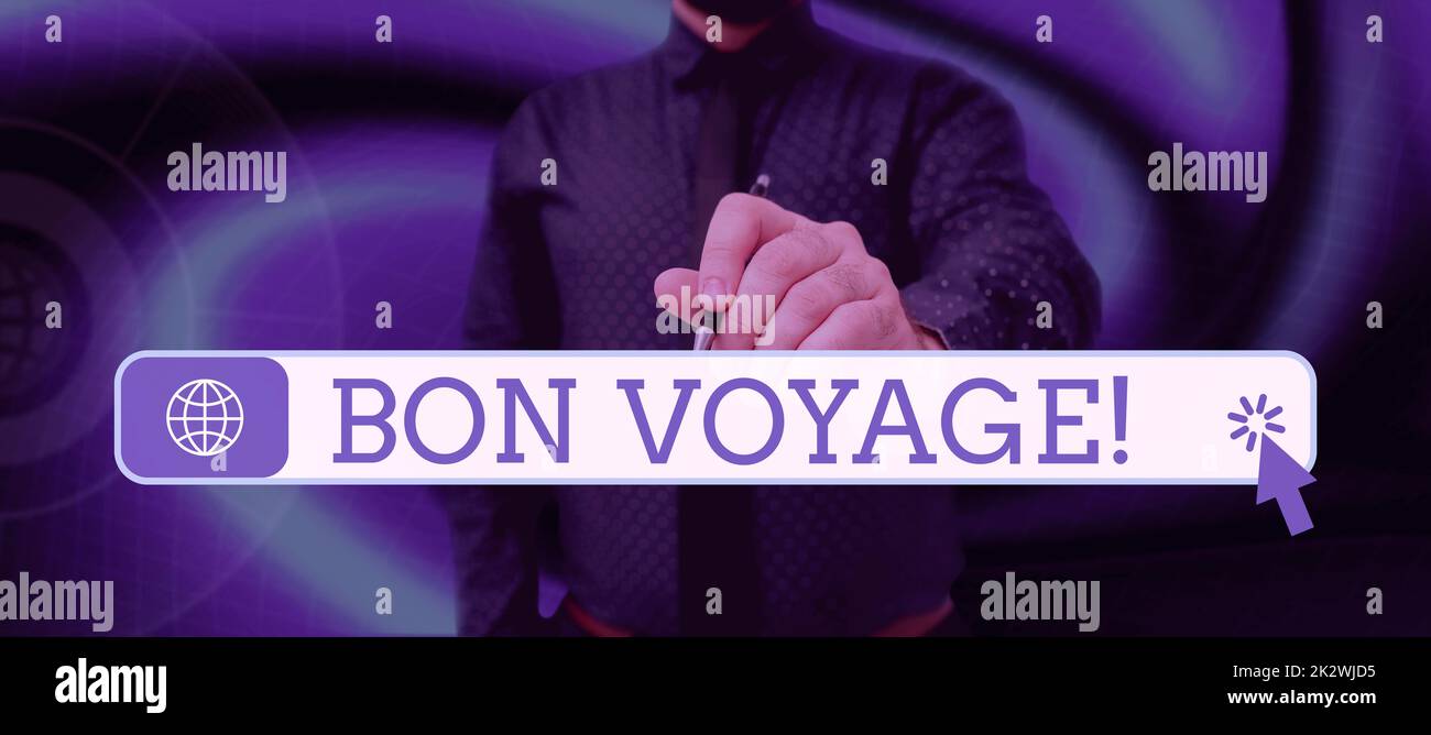 Hand writing sign Bon Voyage. Word Written on used express good wishes ...
