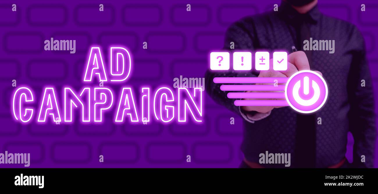 Conceptual caption Ad Campaign. Business idea promotion of specific product or service through ...