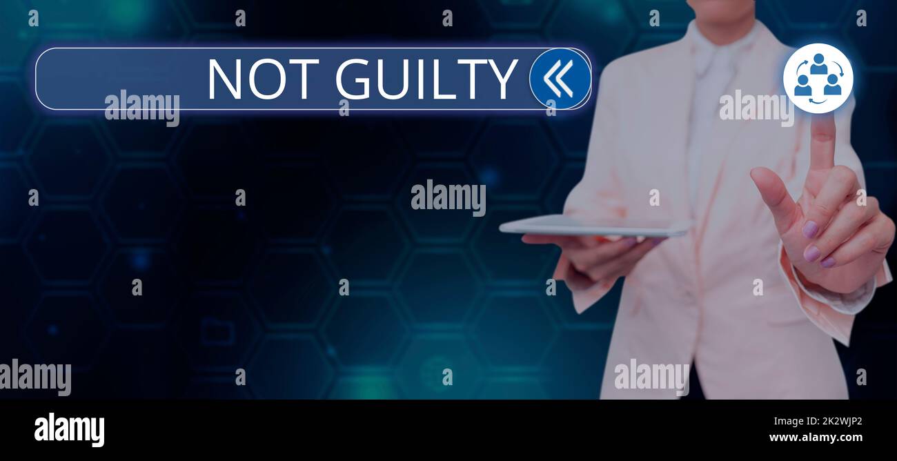 Conceptual display Not Guilty. Word Written on someone is innocent ...