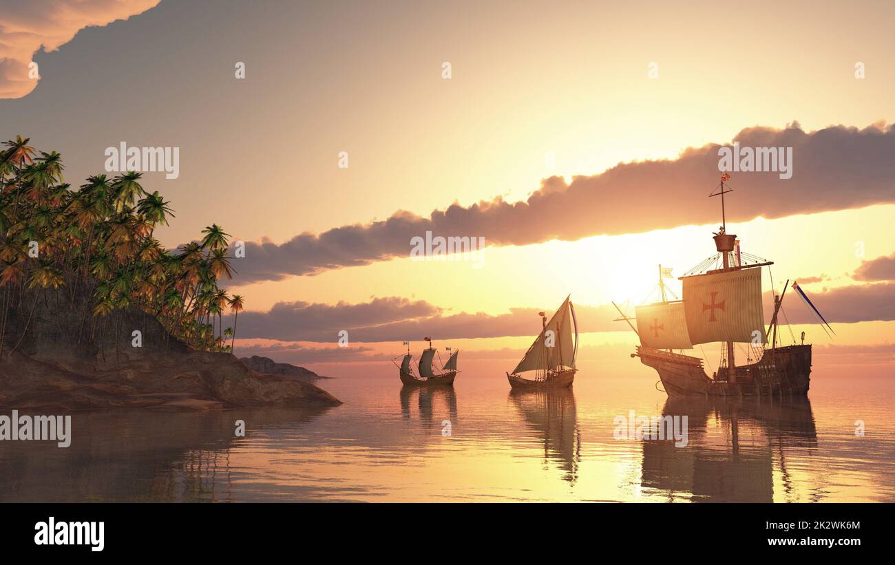 Santa Maria, Nina and Pinta of Christopher Columbus at sunset Stock ...