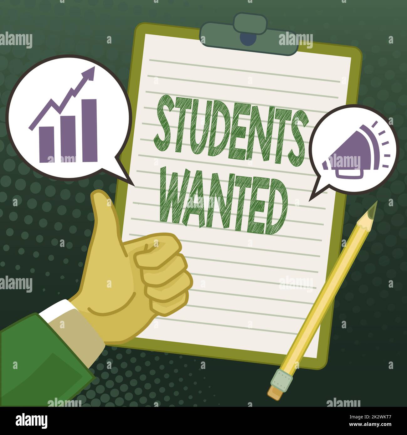 Sign displaying Students Wanted. Word Written on list of things wishes ...