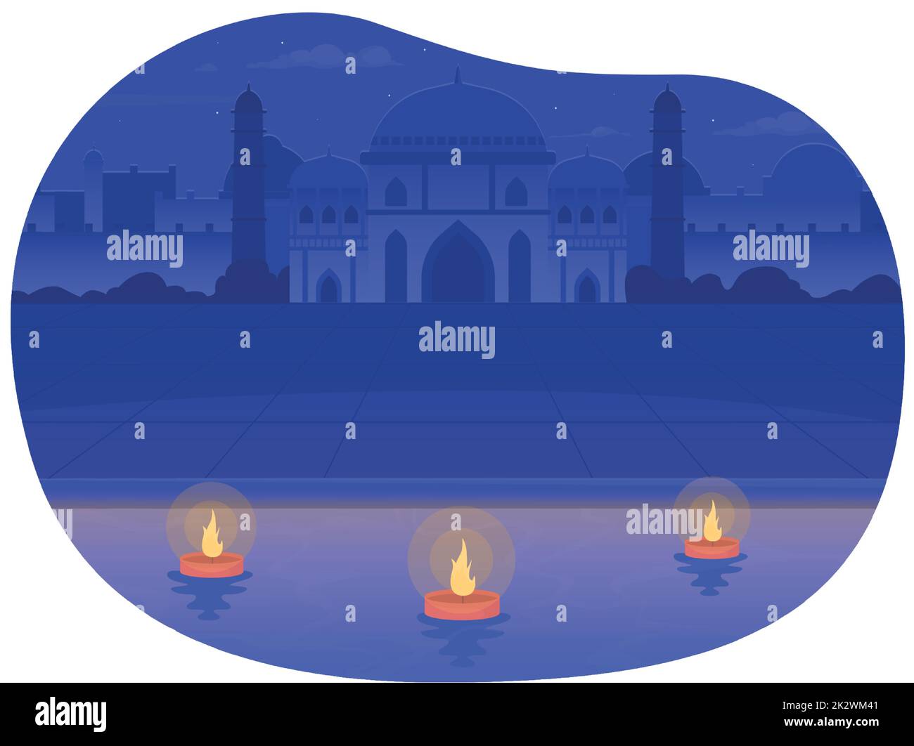 Jal Mahal palace and floating diyas 2D vector isolated illustration ...