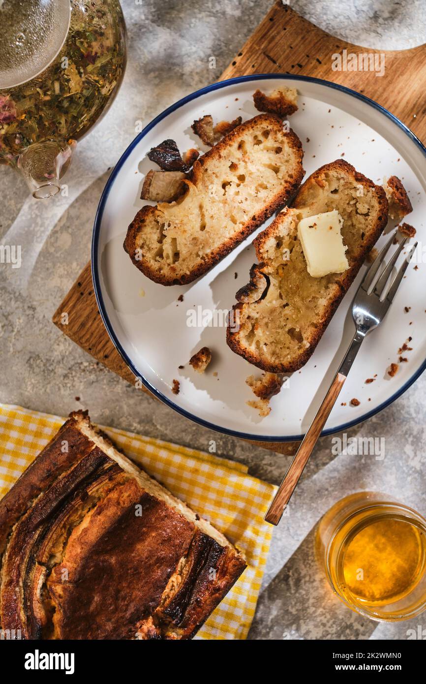 Banana bread. Freshly baked homemade banana pie with honey and butter ...