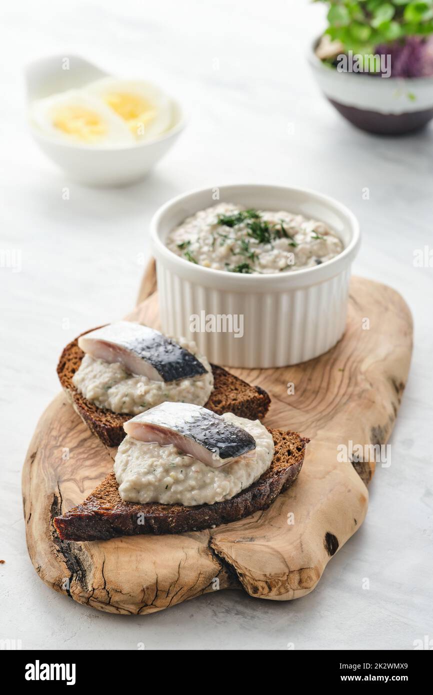 Forshmak - traditional Jewish cuisine. Sandwich with minced herring ...