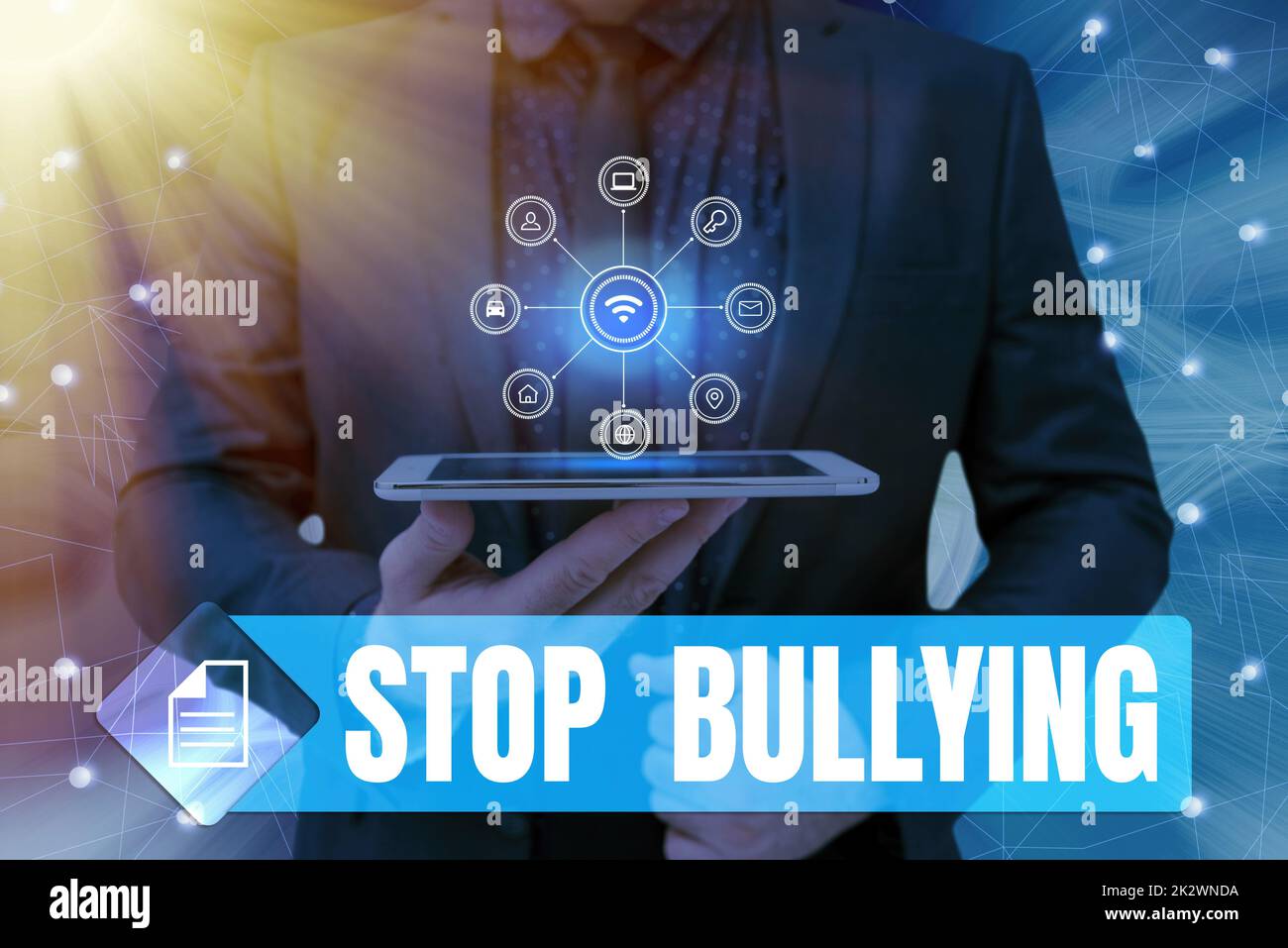 Hand writing sign Stop Bullying. Business approach Fight and Eliminate ...