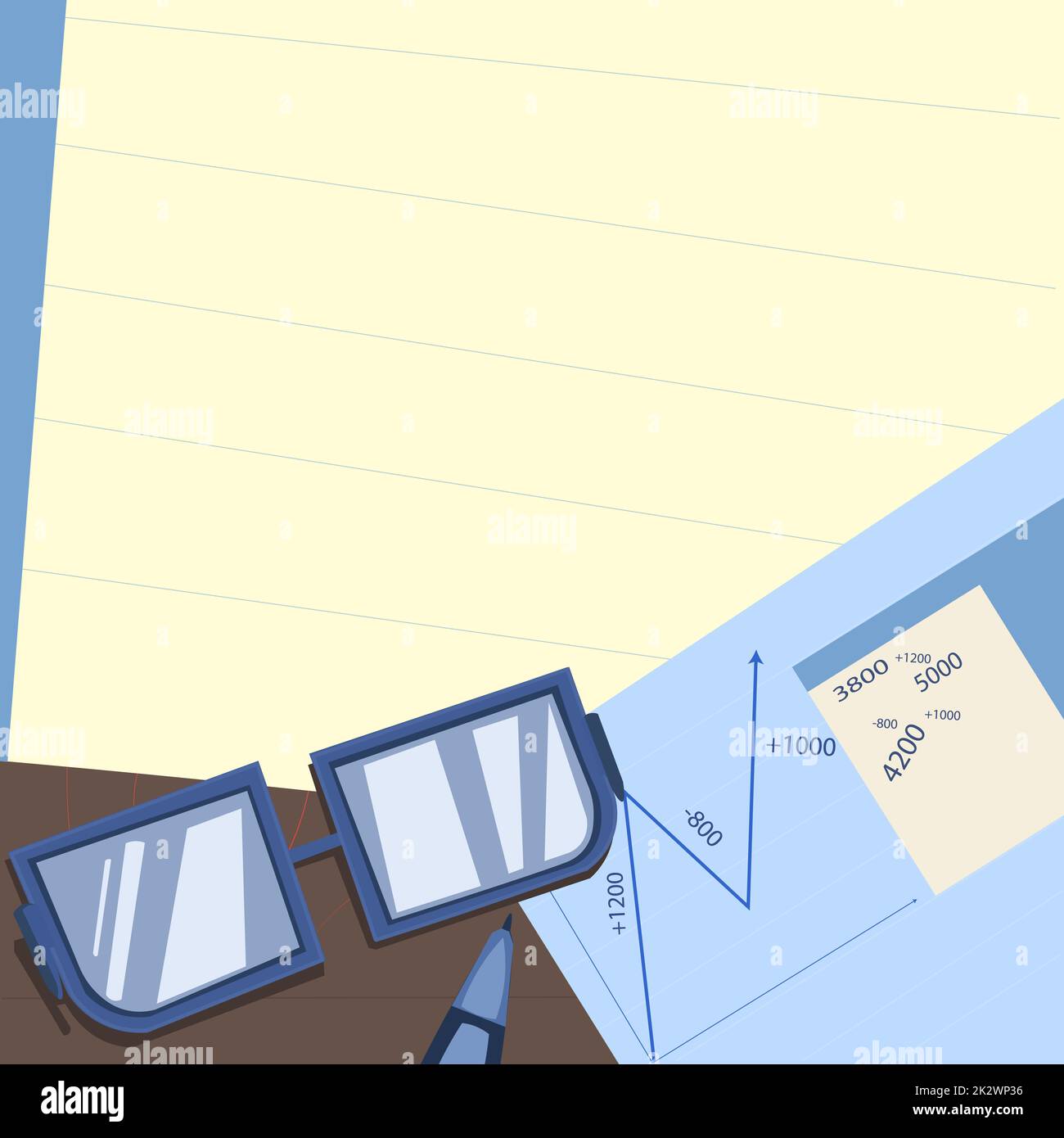 Glasses sitting on desk surrounded with papers consisting charts ...
