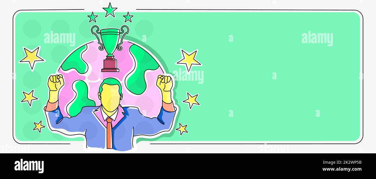 Businessman in suit surrounded with stars globe background cheering ...