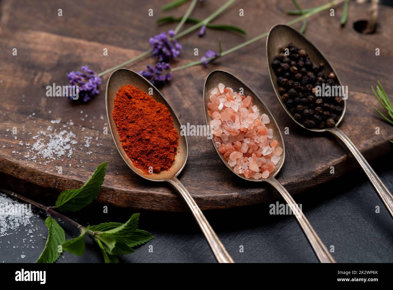 Silver spoons with various spices / detail of image Stock Photo - Alamy