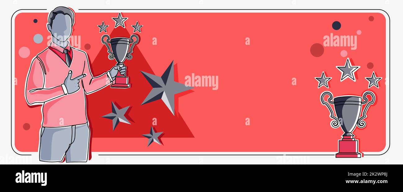 Businessman in suit pointing finger holding trophy cheering reaching ...