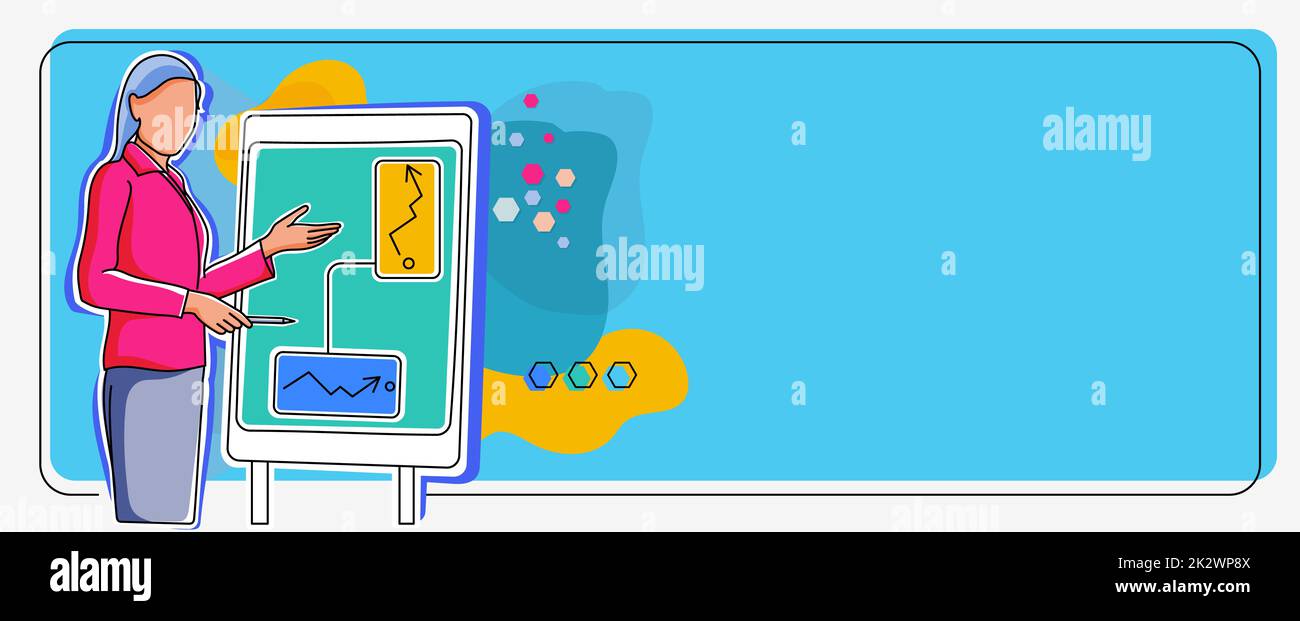 Lady in suit standing front backdrop holding presentation displaying ...