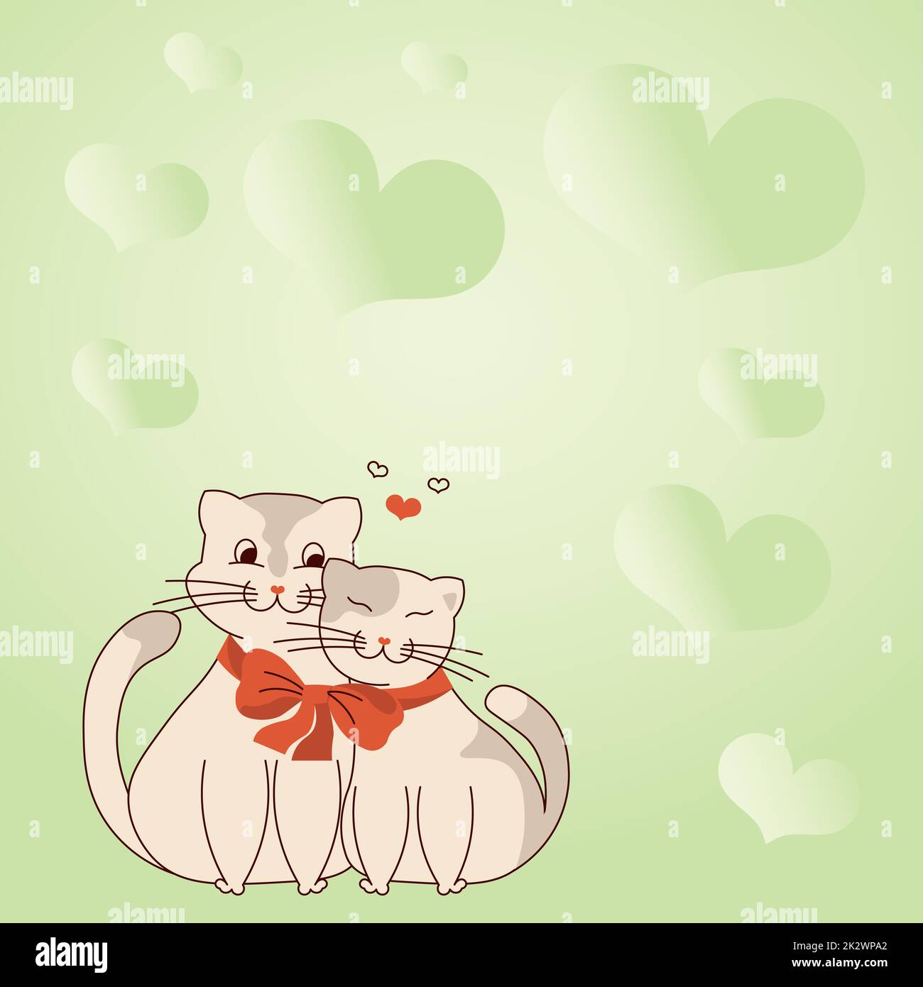 Two cats cuddling tied together with bow and hearts in the background ...