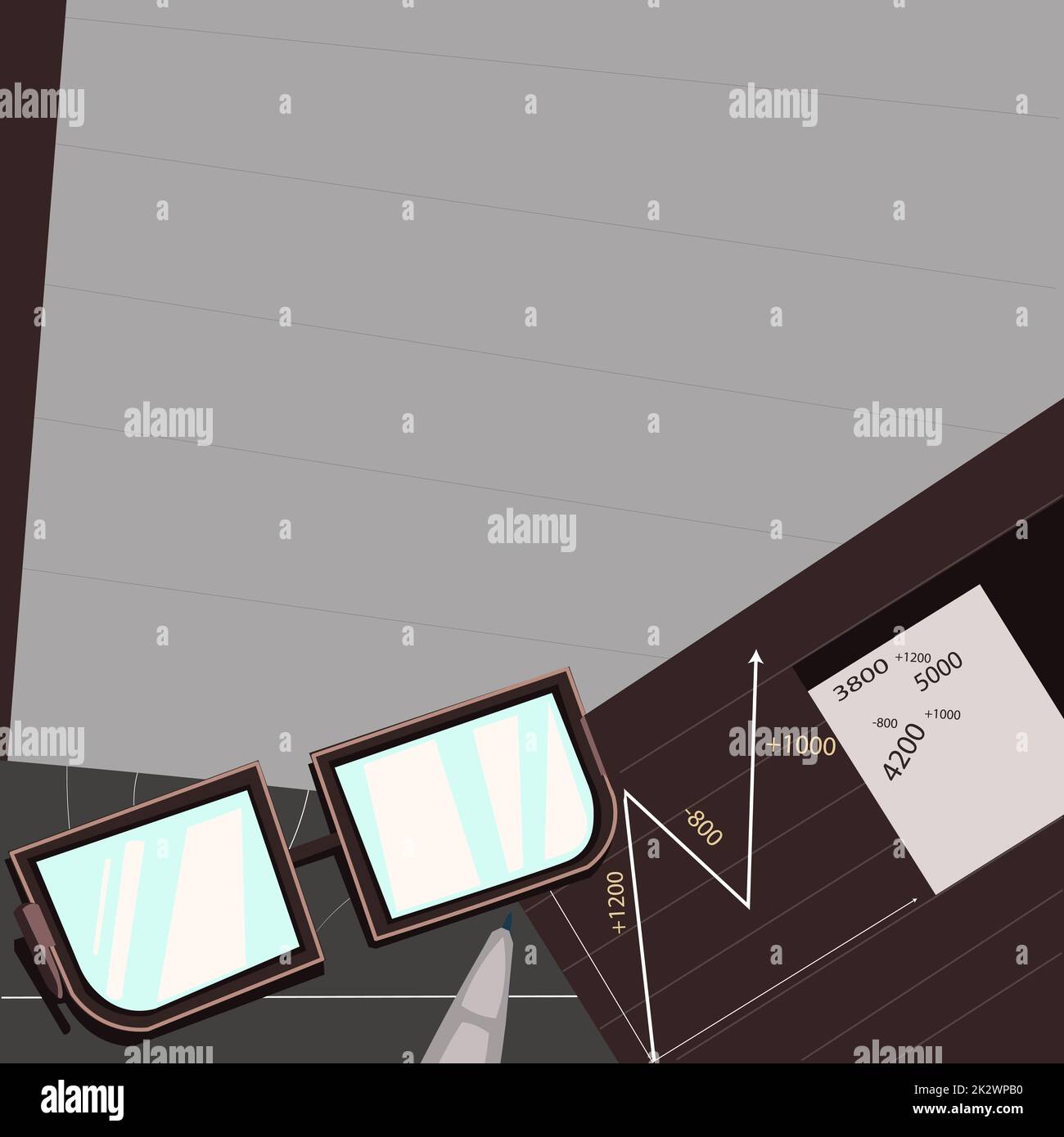 Glasses sitting on desk surrounded with papers consisting charts ...