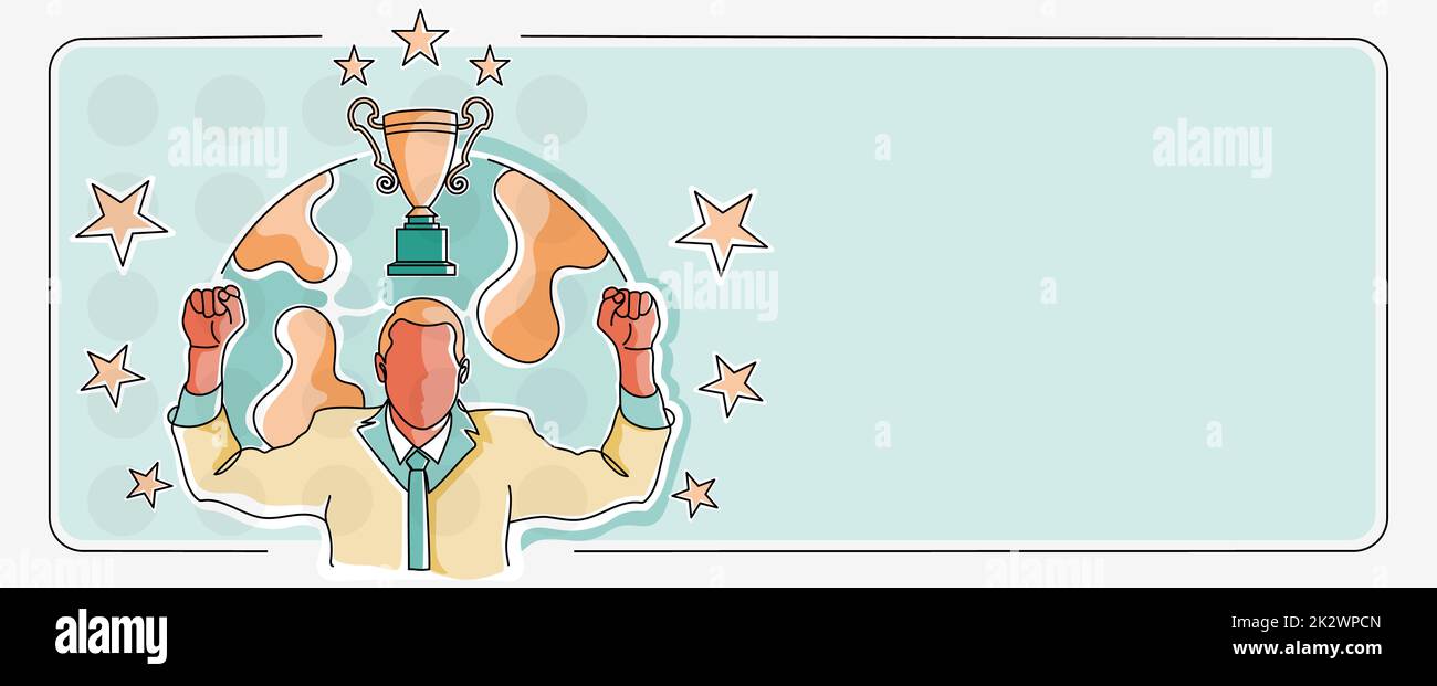 Businessman in suit surrounded with stars globe background cheering ...